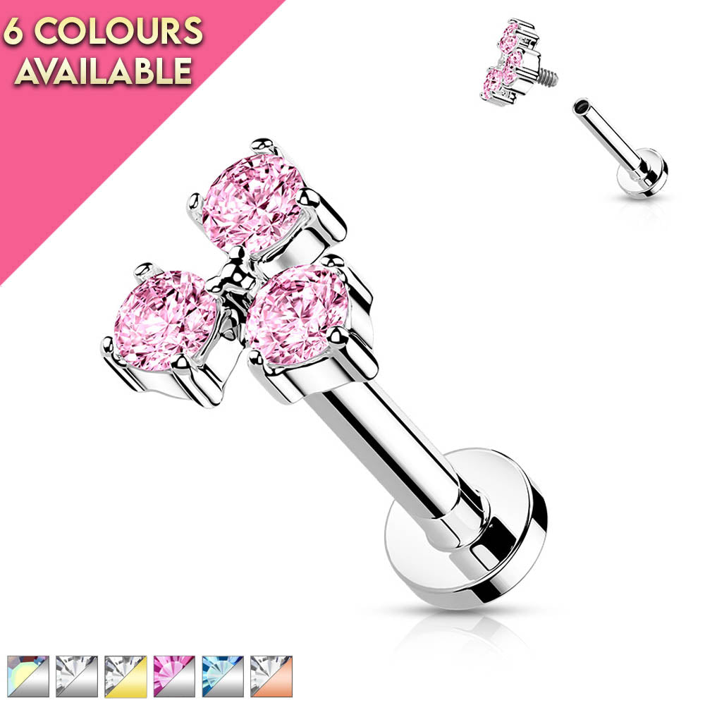 16 Gauge Flat Back Internally Threaded Triple Gem Stud - Cherry Diva