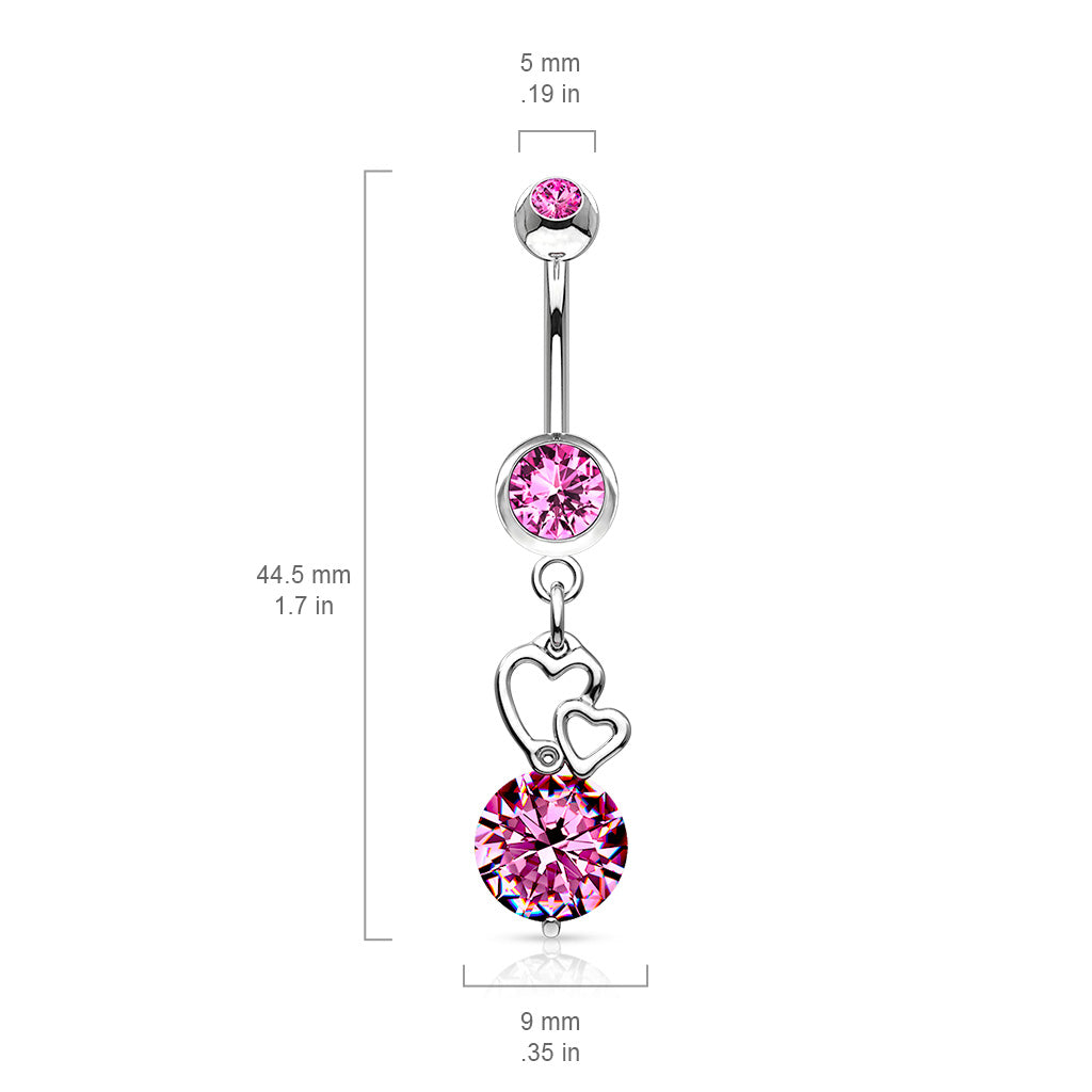 14 Gauge Silver Dangling Crystal Heart Belly Button Bar - Cherry Diva
