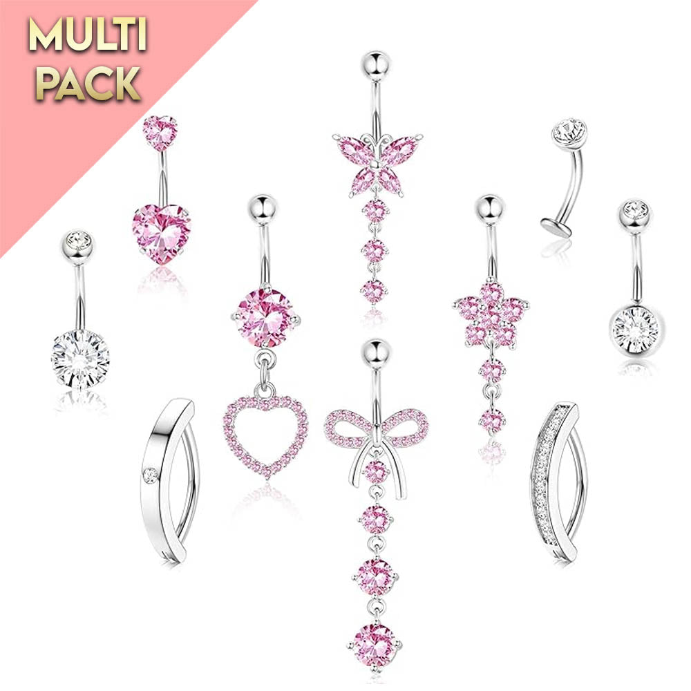 Multi Pack Of 10 Silver Crystal Belly Button Bars - Cherry Diva