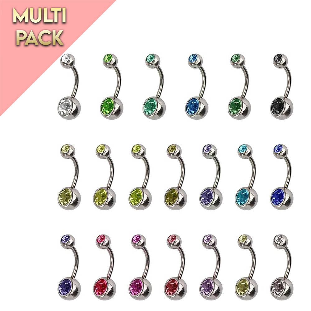 Multi Pack Of 20 Rainbow Double Crystal Belly Bars - Cherry Diva