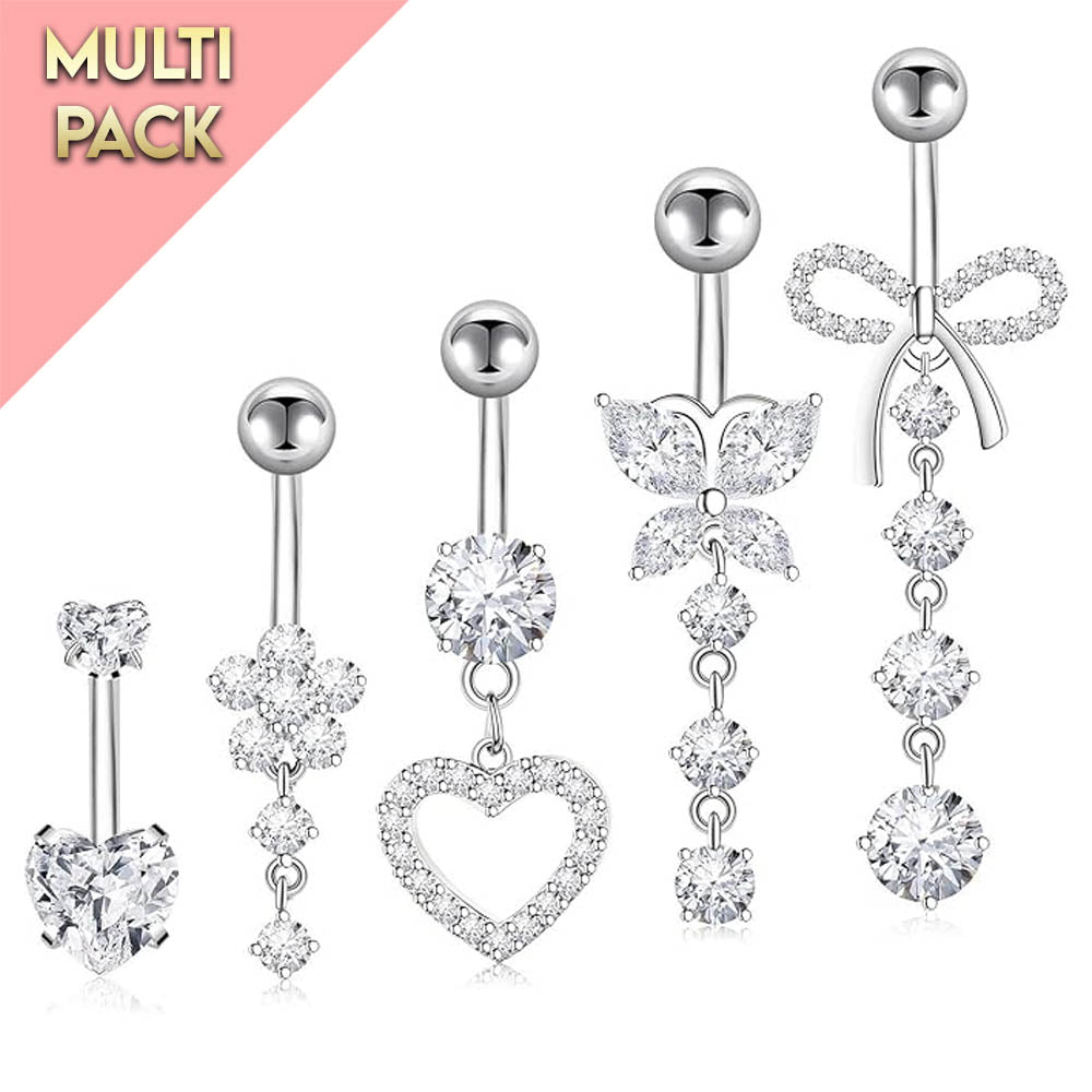 Multi Pack Of 5 Dangling Crystal Belly Button Bars - Cherry Diva