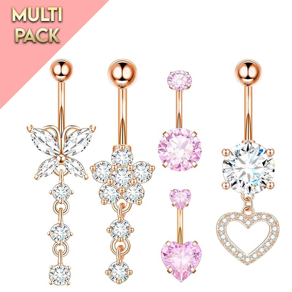 Multi Pack Of 5 Golden Crystal Belly Button Bars - Cherry Diva