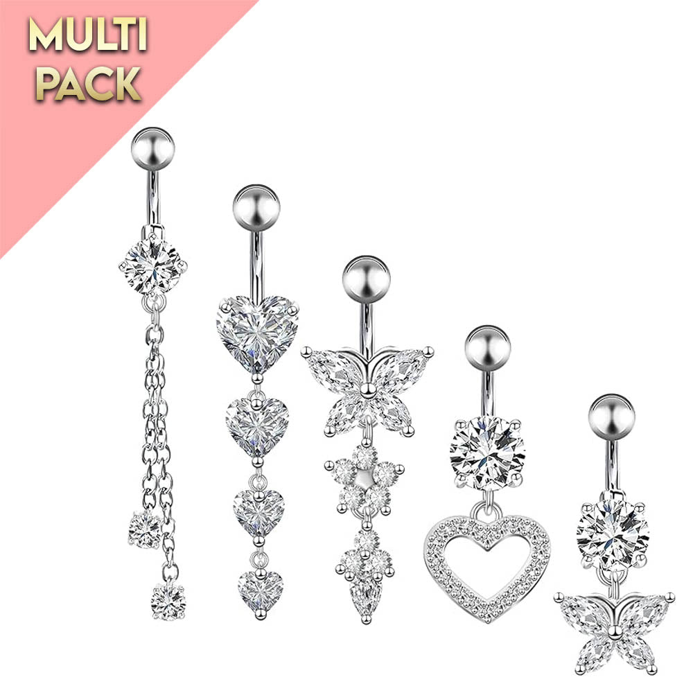 Multi Pack Of 5 Silver Crystal Belly Button Bars - Cherry Diva
