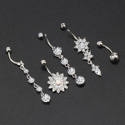 Multi Pack Of 5 Silver Dangling Crystal Belly Button Bars - Cherry Diva