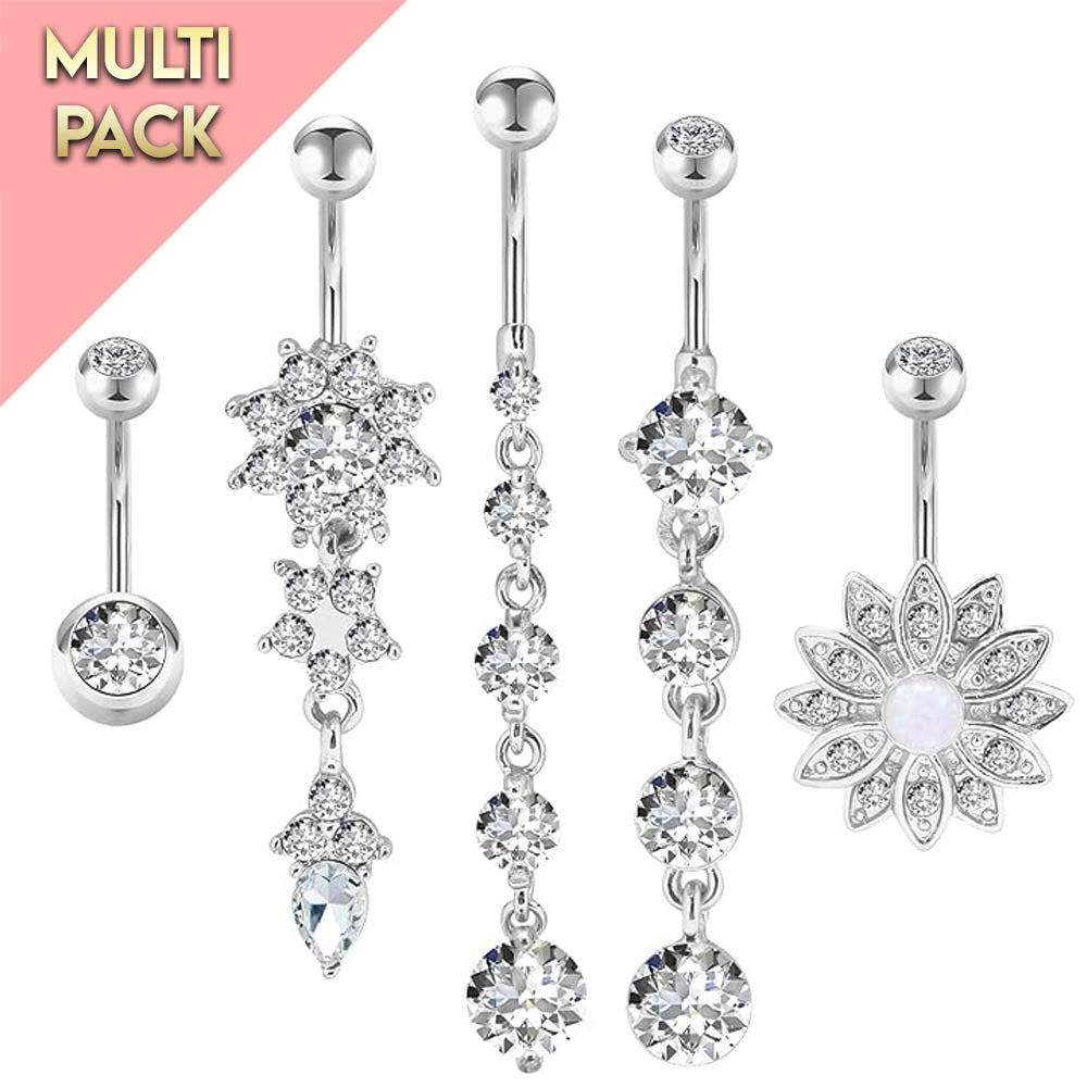 Multi Pack Of 5 Silver Dangling Crystal Belly Button Bars - Cherry Diva