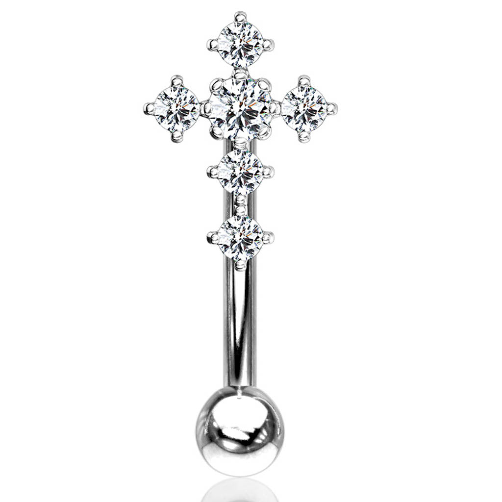 16 Gauge Crystal Cross Eyebrow Barbell - Cherry Diva